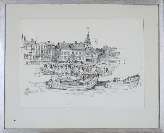 CLAES FOLCKER (1940-2019). Litografi, "Torghandel i Västervik ...