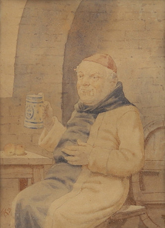 LUDVIG RASMUSSEN. Tillskriven. Glad munk, akvarell, monogramsignerad ...