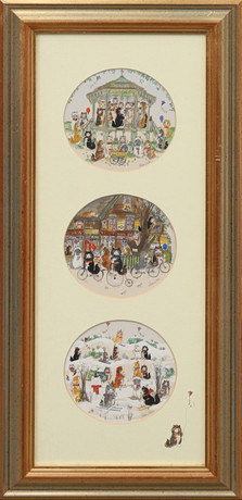 DIANE ELSON. Cat motif, triptych in mixed media, signed. Art ...