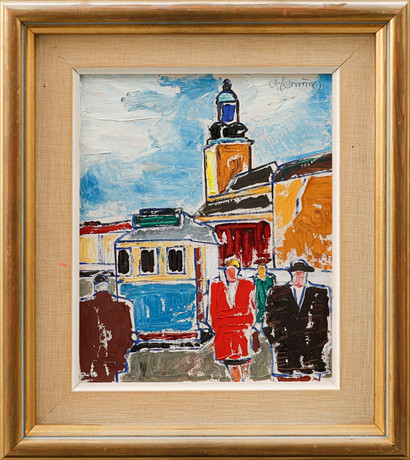 WILHELM HENNING. Tram and figures, oil on canvas, signed. Art ...