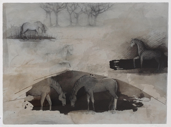 HANS-PETER JARZ. "Horses in the pasture", Lithography, signed, numbered ...