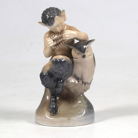 FIGURIN, porslin, Faun med panflöjt samt uggla, Christian Thomsen ...