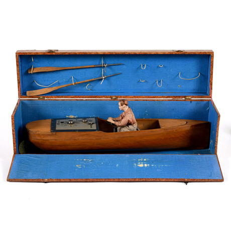 RARE BOXED 1920'S FRENCH TOY ROWING BOAT AND ROWER, 'AUTOMATIC ROWER ...