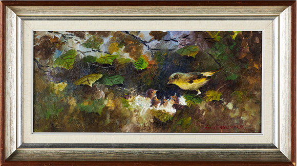 KNUT VALINDER (1909-1987). Fågel som matar sina ungar, signerad. olja ...