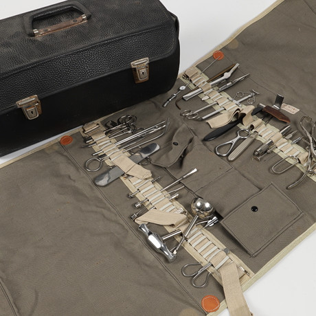 SURGERY INSTRUMENTS in bag, approx. 40 parts, metal/glass, AB Jacoby ...