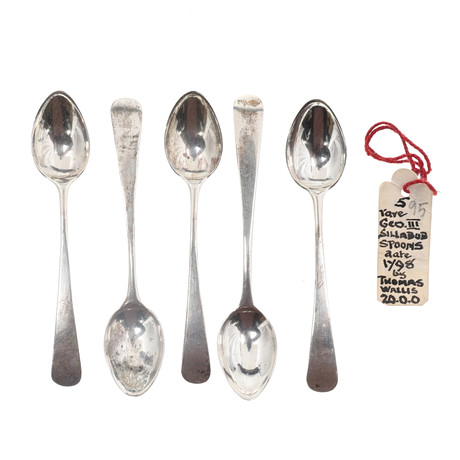 FEM GEORGE III SILVER GAMLA ENGELSKA MÖNSTER SYLLABUB ELLER GELÉ SKEDAR ...