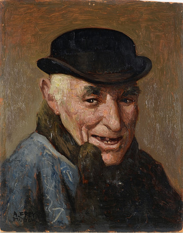 ADOLF FREY MOOCK. Portrait of an old man in a hat. Oil on hardboard ...