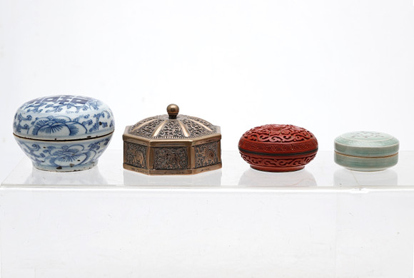Three Chinese boxes and a Burmese box in porcelain, cinnabar-like resin ...