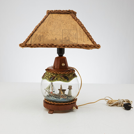 BOTTLE SHIP LAMP, 1940s, sailor work, with light in the globe, chart ...