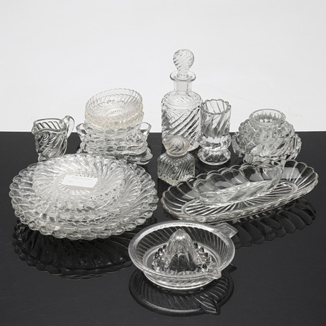 PRESSED GLASS OBJECTS, 21 parts, "Turbin", Reijmyre, circa 1900. Glass ...