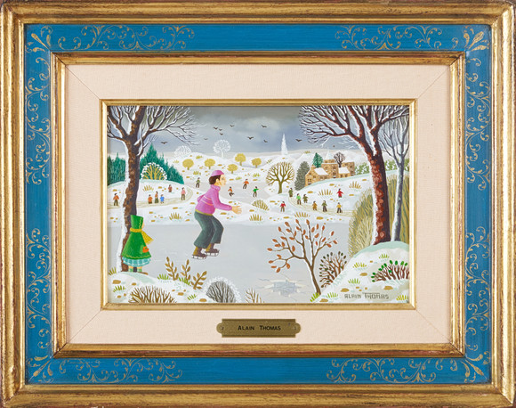ALAIN THOMAS (1942). Skridskoåkare, olja på pannå, signerad Alain ...