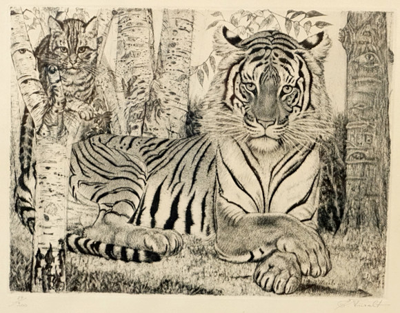 EDUARD WIIRALT. (1898–1954), "Reclining tiger and cat", etsning ...