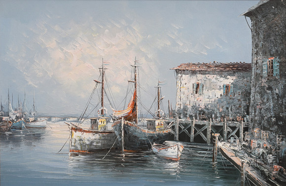 Y. HOWARD, LATE 20TH CENTURY. FISHING BOATS ON A DOCK. Art - Paintings ...