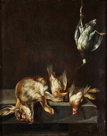 JAN VONCK. Still life with hare and birds, signed J Vonk, oil on panel ...