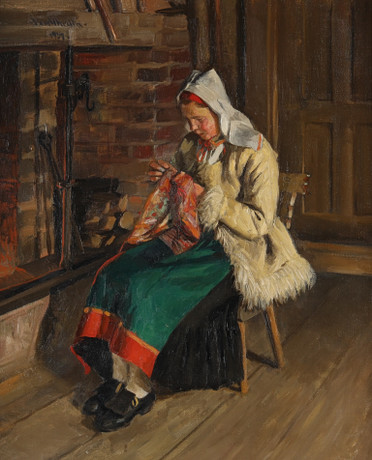 SAM UHRDIN. Broderande dalkulla. Konst - Måleri - Auctionet