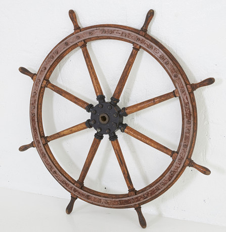 SHIP'S STEERING WHEEL, early 20th century, oak and metal, gray painted ...