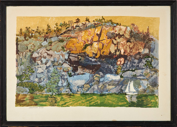 CLAES FOLCKER. berghäll med segelbåt, färglitografi, signerad samt ...