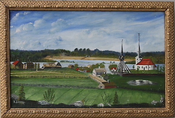 KASPER JOHANSSON. Oil on Board, village by the water, monogram signed KJ, signed on verso and ...
