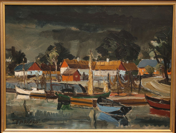 OIDENTIFIERAD KONSTNÄR. Oil on Board, Port motif, from Baskemölle ...