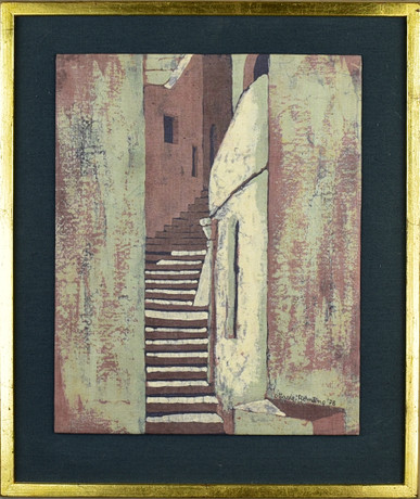 OTTAVIO ROMANO. Textile print/batik, city motif stairs, signed, -78 ...