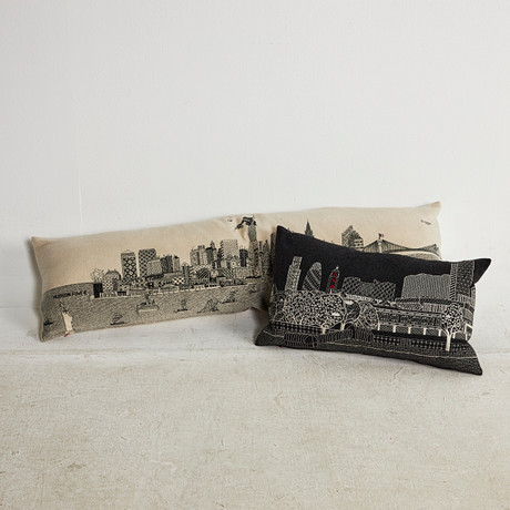 CHARLENE MULLEN. PILLOWS, 2 pcs, "New York by Day" and "London calling ...