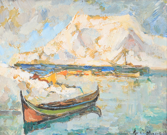 KNUT NORMAN. Islandskap med båtar, olja på pannå, signerad. Konst ...