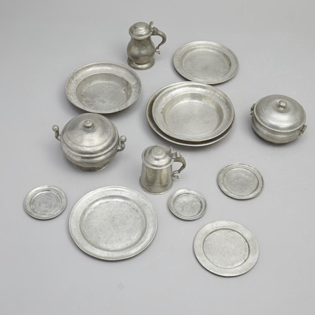 Pewterware, 14 parts, 17/1800s, cold dish bowl, porridge bowl, stopper ...