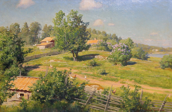 JOHAN KROUTHÉN. Landscape with houses, chickens and lake. Oil on canvas ...