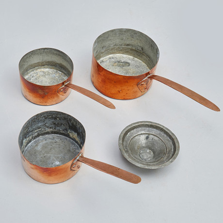 POTS, 3 pieces, copper, early 1800s, and a tin water bath. Silver ...