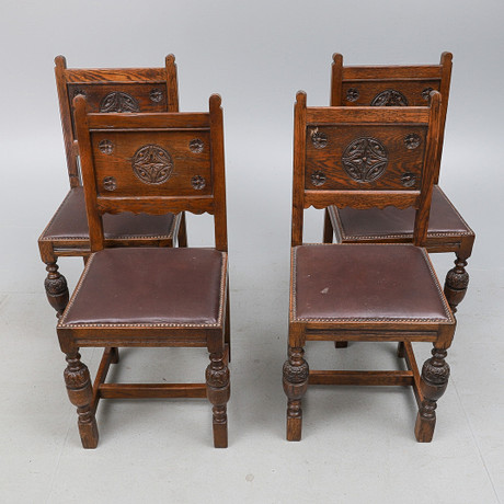 A SET OF THREE REPRODUCTION CROMWELLIAN STYLE OAK DINING CHAIRS AND ...