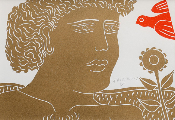 ALEXANDRE FASSIANOS. FIGURE WITH FLOWER AND BIRD, COLOR LITHOGRAPHY ...