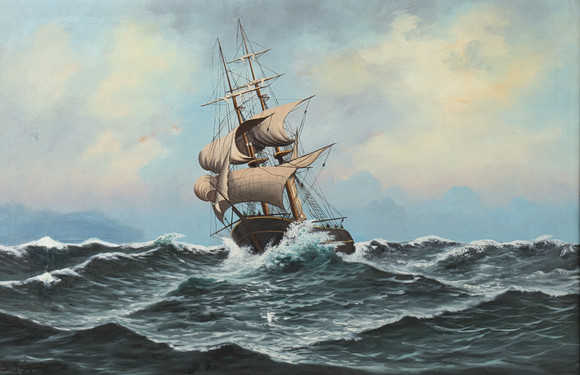 OIDENTIFIERAD KONSTNÄR, skepp i stormigt hav, olja på duk. Konst ...