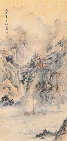 OIDENTIFIERAD KONSTNÄR. Asiatiskt landskap, akvarell, signerad med ...