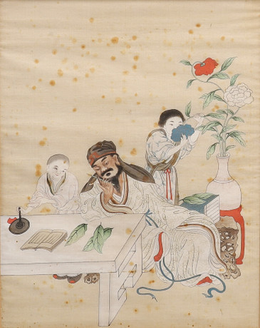ORIENTAL SCHOOL, 20TH CENTURY. A SCRIBE AT A TABLE WITH ATTENDANT ...