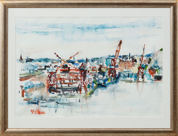 YNGVE STÉEN. "Hamnbild Göteborg", akvarelli, signeerattu. Taide ...