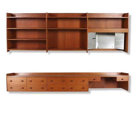 BOOKSHELF and DRAWER, 2 parts, for wall mounting. Veneered with teak ...