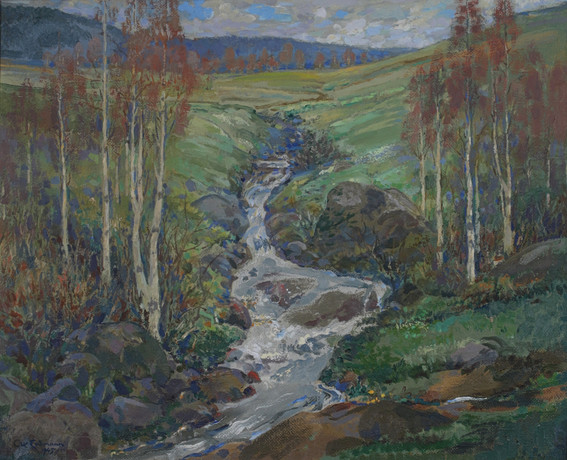 AXEL ERDMANN. Landskap med bäck, olja på pannå, signerad. Konst ...