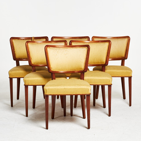 STOLAR, 6 st, 1930/40-tal, mahognyfanér, stoppad textilklädsel i gult ...
