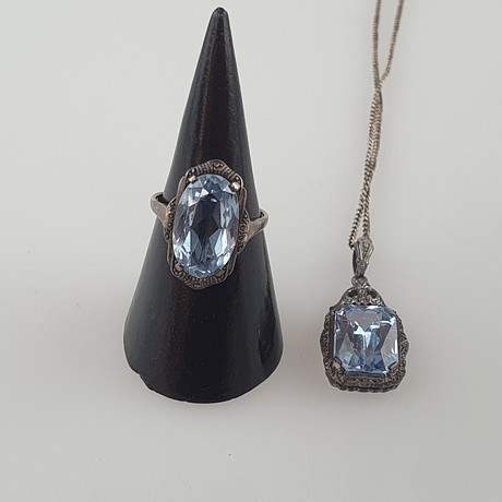 - AQUAMARINE SMYCKEN - 2-delat, 935 silver, dekorativt dekorerad ram ...