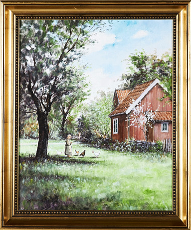 OLOF TRÄNK (FÖDD 1947). Garden scene with girl and chickens, oil on ...