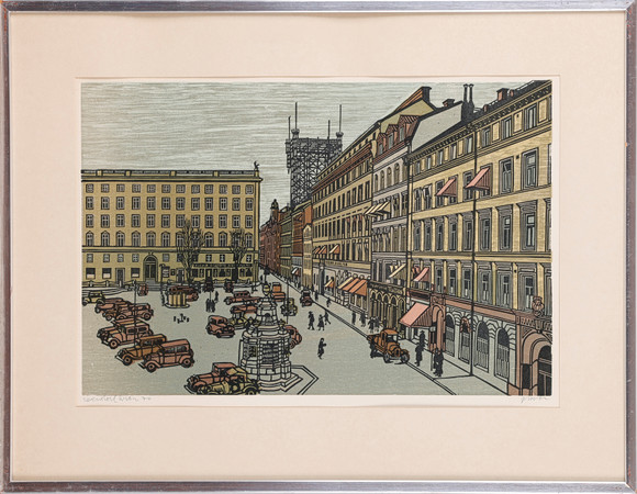 SVENOLOV EHRÉN. Brunkebergstorg in Stockholm mit dem Telefonturm im ...