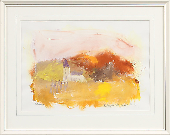 PER BERGMAN. "A church", mixed media, signed and with dedication. Art ...