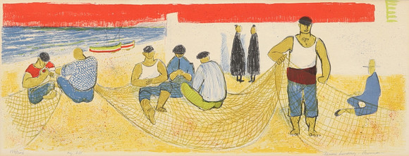 OIDENTIFIERAD KONSTNÄR. Fiskare med nät, litografi, otydligt signerad ...