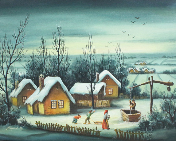 SAVA STOJKOV (1925-2014). Oil on canvas, Winter Village with Playing ...