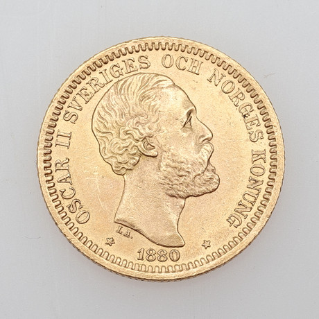 MYNT, guld 21,6k, 20 kr, Oscar II, 1880. Mynt, Medaljer & Frimärken ...