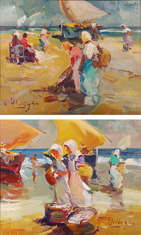 RAMÓN VILLEGAS. "FISHERMEN ON THE BEACH"2 OIL PAINTINGS ON CANVAS. Art ...
