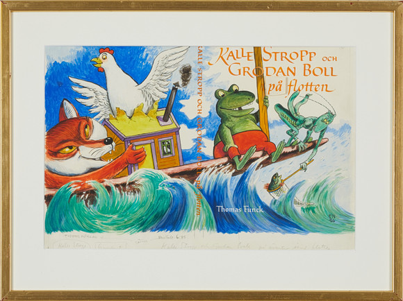 EINAR NORELIUS. "Kalle Stropp och Grodan Boll på flotten", gouache ...