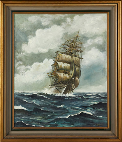 OIDENTIFIERAD KONSTNÄR. skepp på öppet hav, olja på pannå, signerad ...