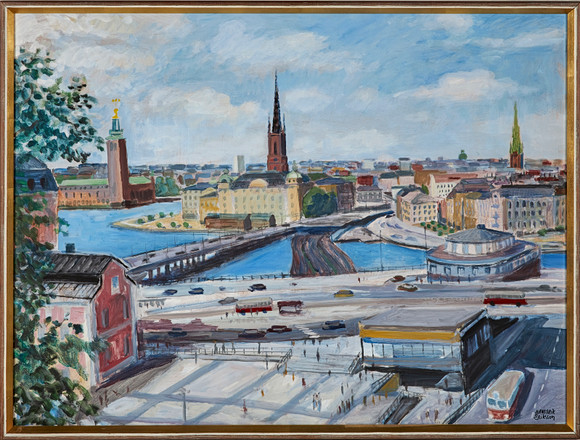 HANS ERIK ERIKSSON (1921-1997). Stockholmsmotiv med utblick mot Stockholms Stadshus och ...