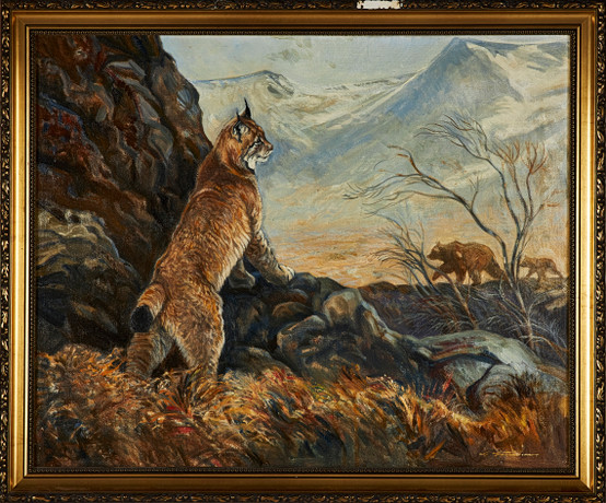 GÖTE GÖRANSSON. Lodjur och björnar, signerad, olja på duk. Konst ...